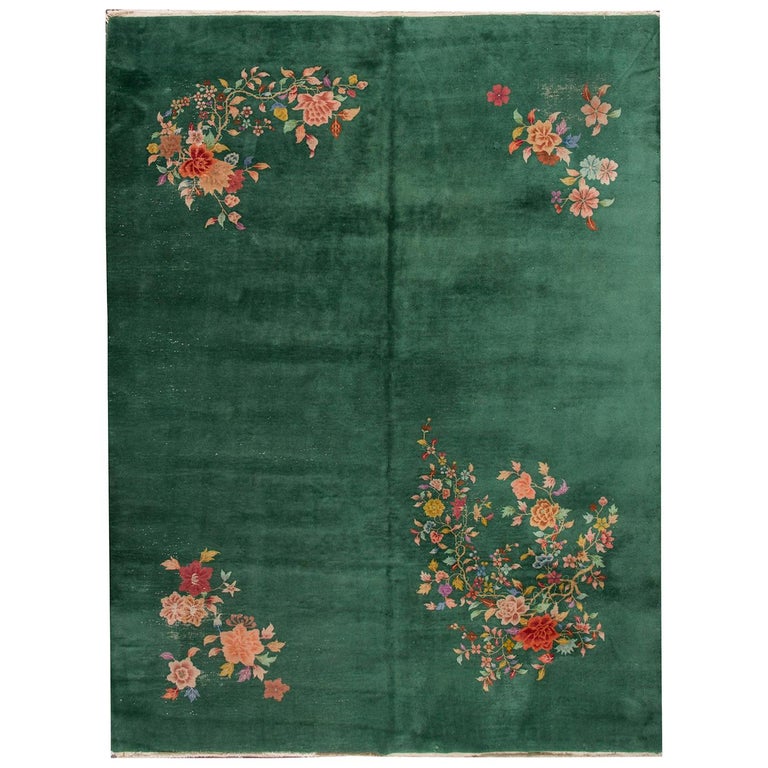 Antique Green Chinese Art Deco Wool Rug at 1stDibs