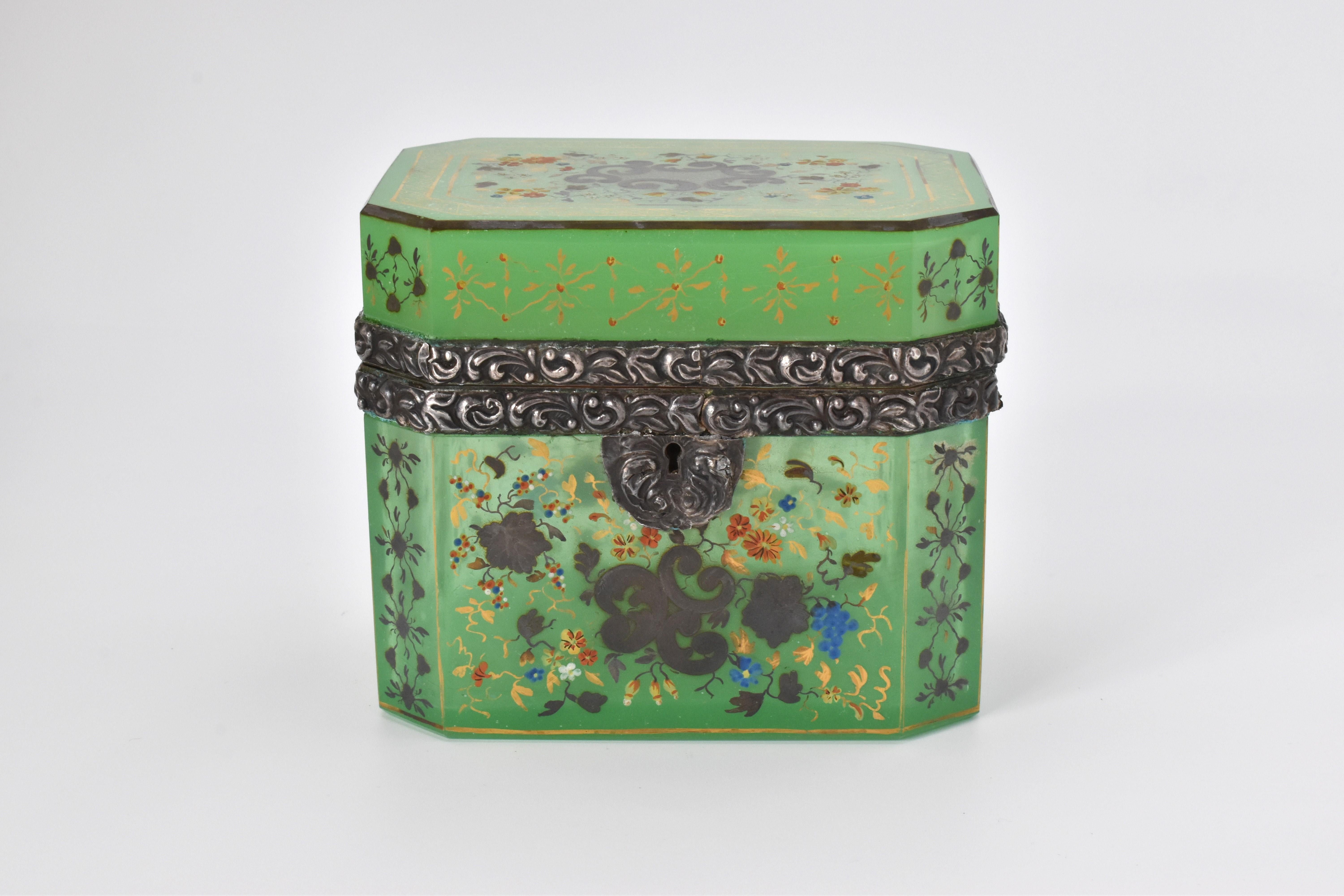 Antique Green Opaline Enamelled Glass Casket Jewelry Box, 19th Century ...