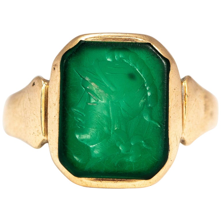 Antique Green Stone Intaglio and 9 Carat Gold Signet at 1stDibs