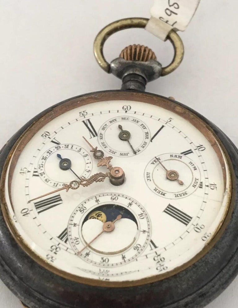 Antique Gunmetal and Silver Moonphase Calendar Pocket Watch at 1stDibs ...