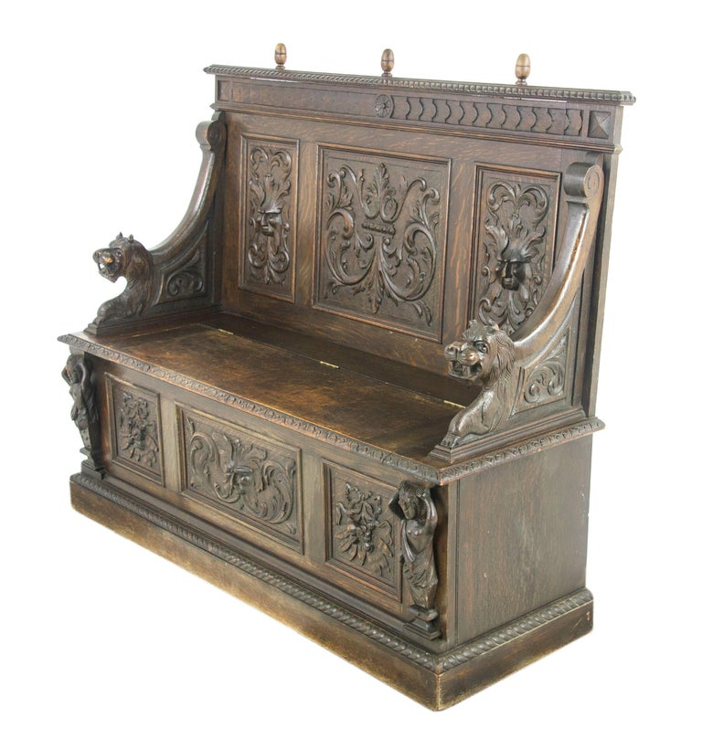 Antique Hall Bench, Entryway Furniture, Carved Oak Settle, Scotland ...