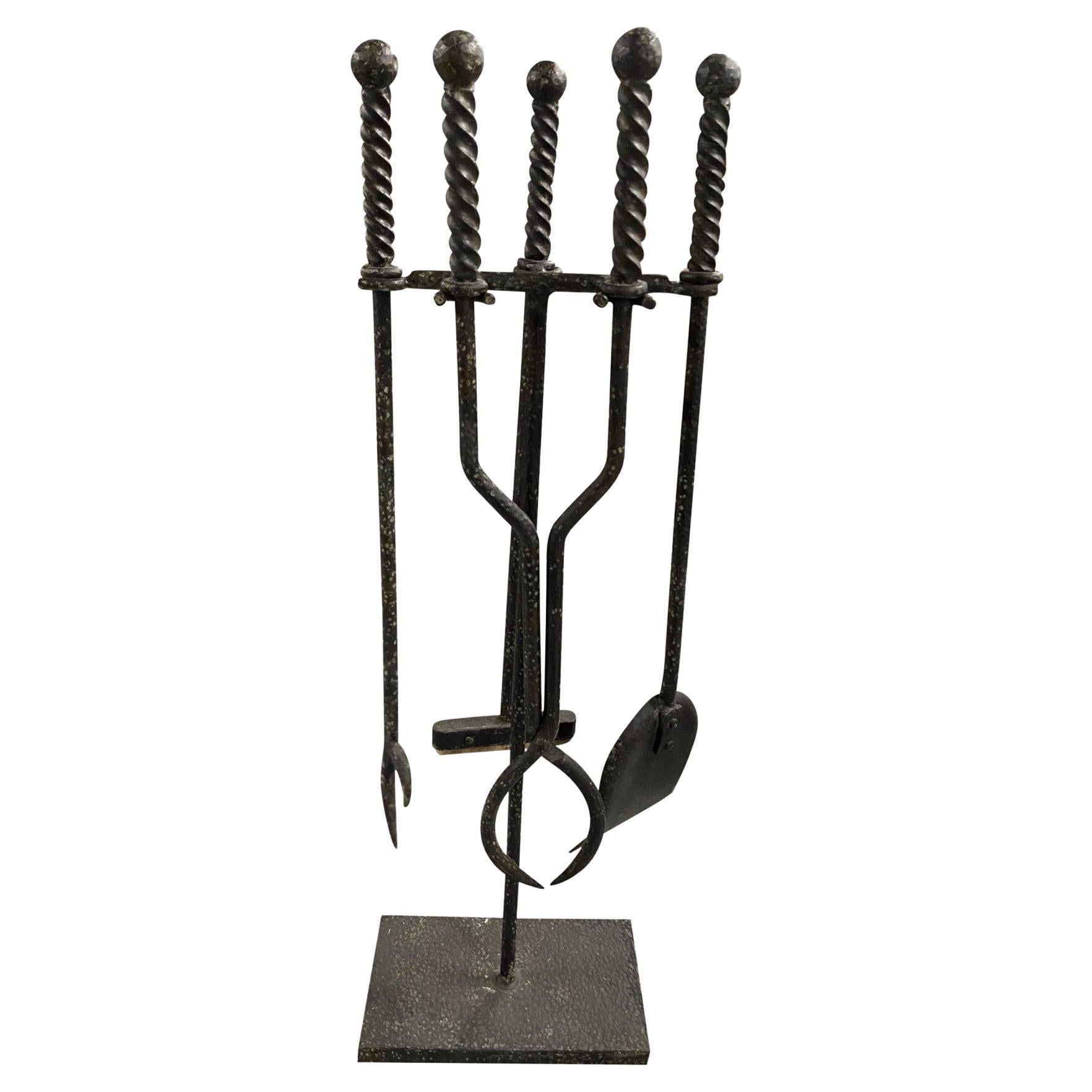 Antique Hammered Wrought Iron Fire Tools For Sale at 1stDibs