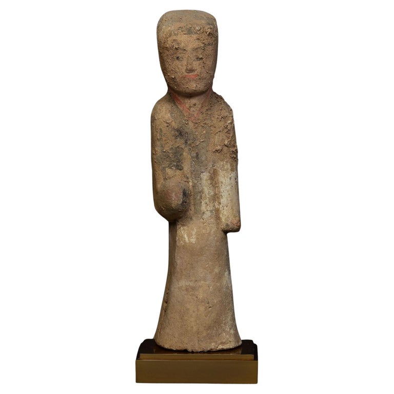 Antique Han Dynasty Chinese Painted Pottery Standing Court Attendant ...