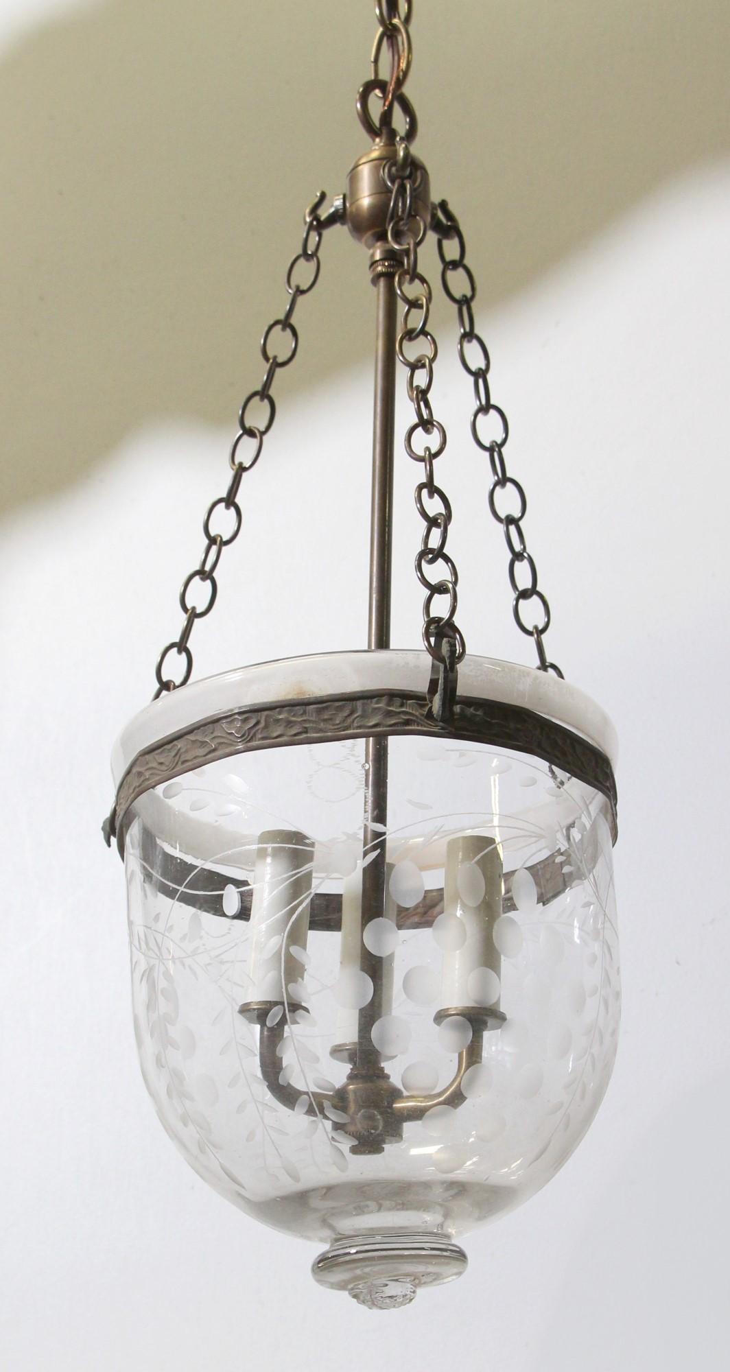 Antique Hand Blown Clear Glass Bell Jar Light w Etched Design For Sale ...