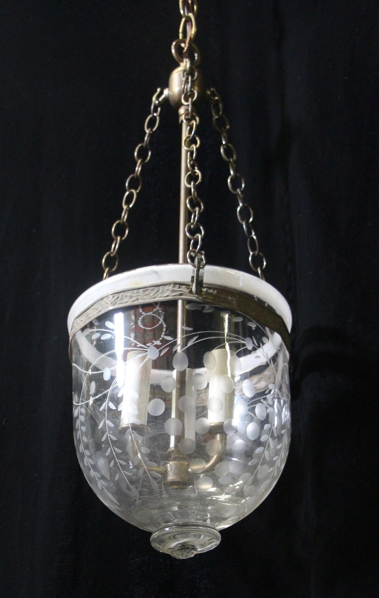Antique Hand Blown Clear Glass Bell Jar Light w Etched Design For Sale ...