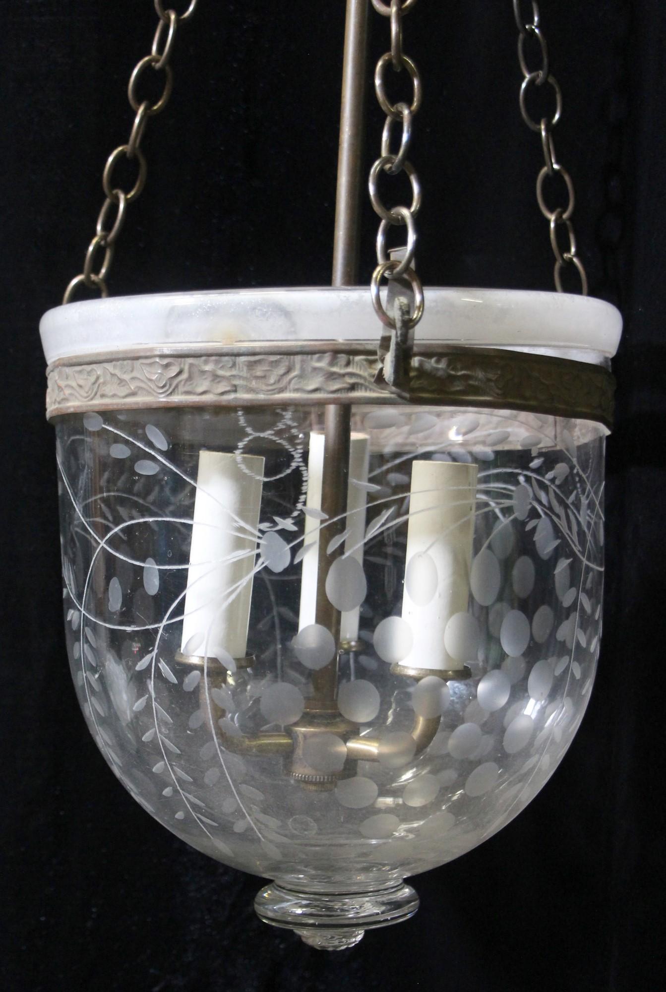 Antique Hand Blown Clear Glass Bell Jar Light w Etched Design For Sale ...