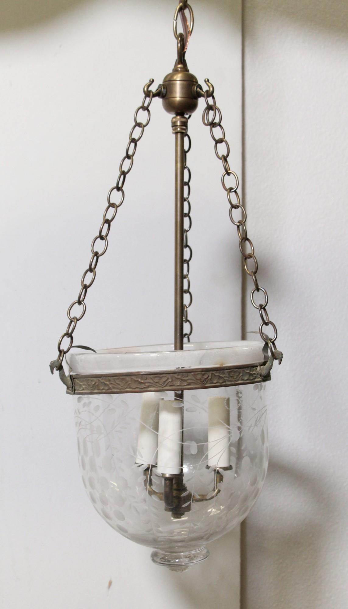 Antique Hand Blown Clear Glass Bell Jar Light w Etched Design For Sale ...