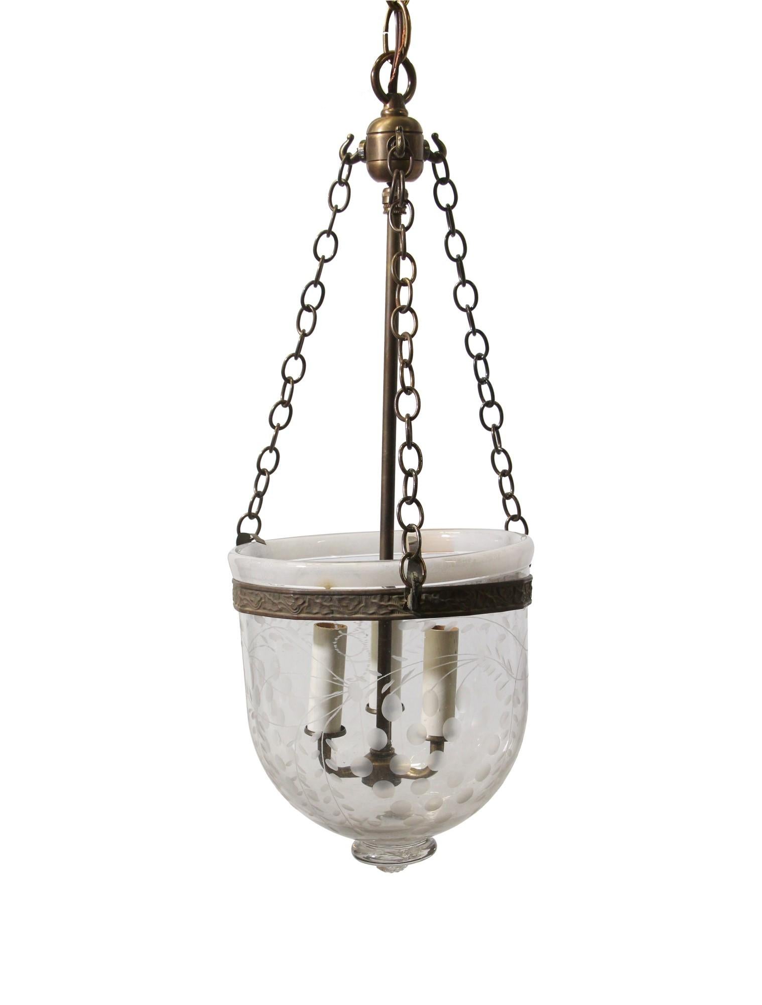 Antique Hand Blown Clear Glass Bell Jar Light w Etched Design For Sale ...