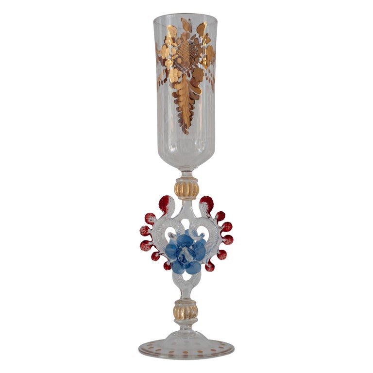 Antique Hand Blown Clear, Red and Blue Murano Glass Flute with Gilded ...