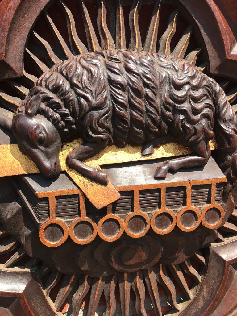 Antique Hand Carved and Gilt Oak Gothic Revival Panel, Lamb over the ...