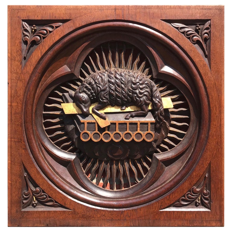 Antique Hand Carved and Gilt Oak Gothic Revival Panel, Lamb over the ...