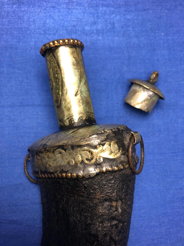 Late 1800s Antique Moroccan Powder Flask - Hand-Carved Gazelle Horn and ...