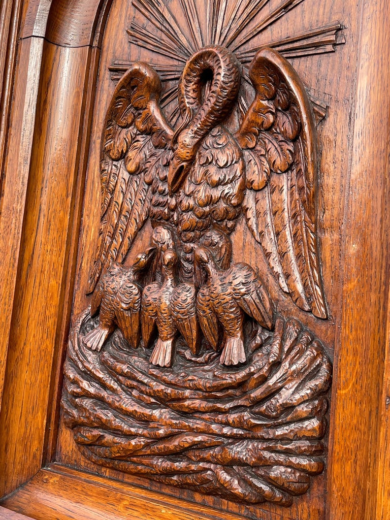 Antique Hand Carved Gothic Church Panel of Feeding Pelican as Symbol of ...