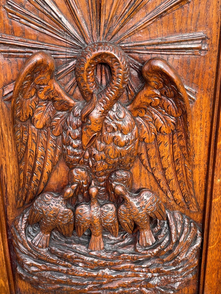 Antique Hand Carved Gothic Church Panel of Feeding Pelican as Symbol of ...