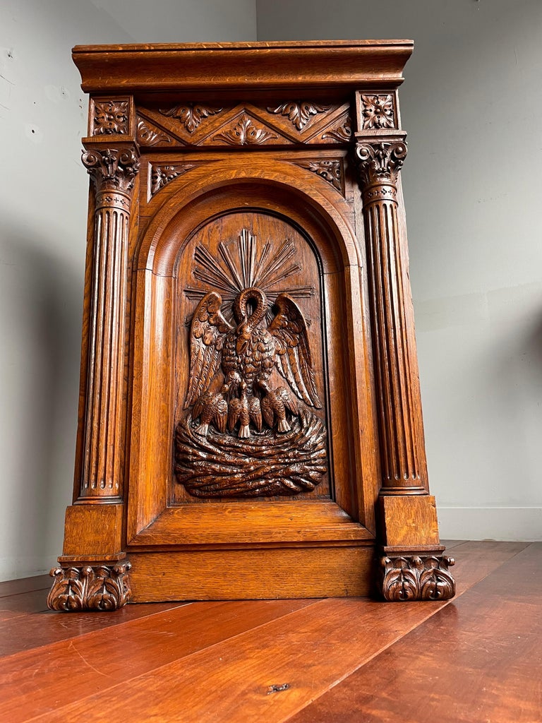 Antique Hand Carved Gothic Church Panel of Feeding Pelican as Symbol of ...