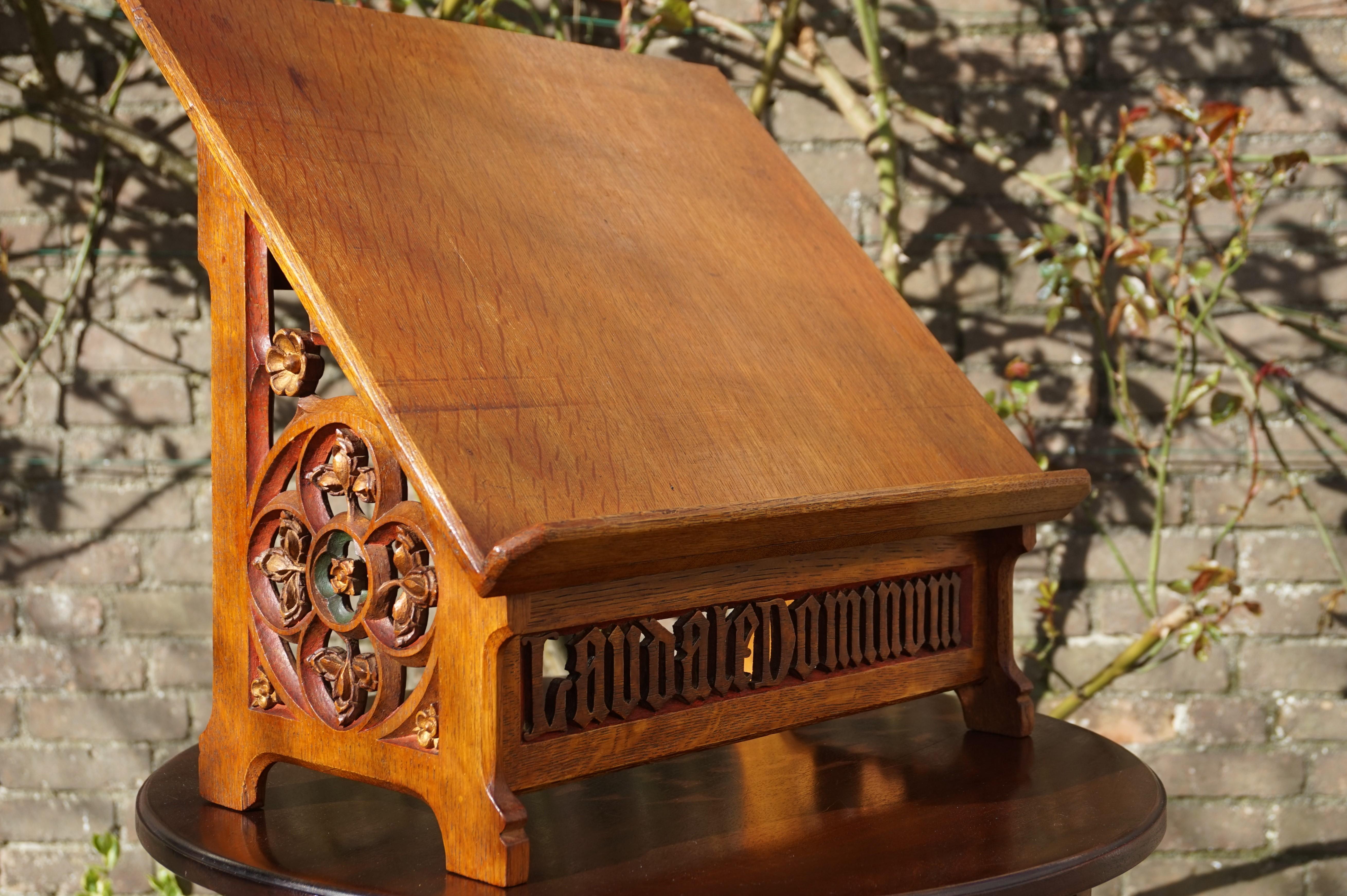 Antique Hand Carved Gothic Revival Bible Stand w. Praise the Lord Text ...