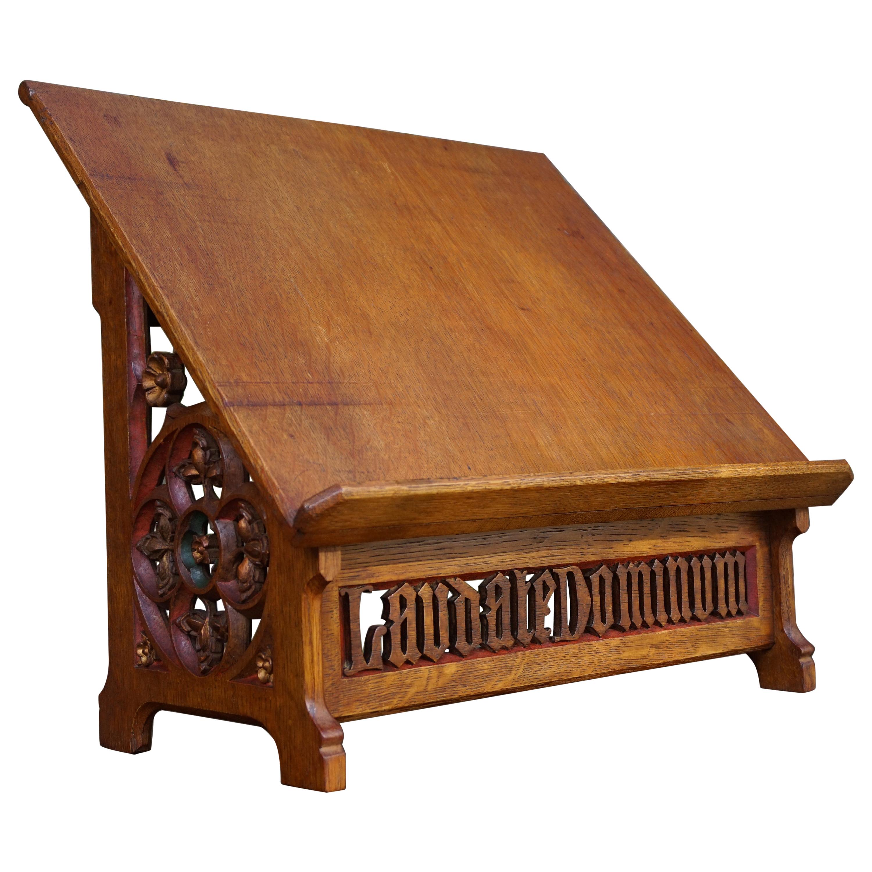 Antique Hand Carved Gothic Revival Bible Stand w. Praise the Lord Text ...