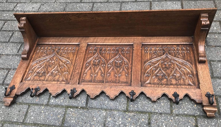 Hand-Carved Gothic Revival Coat Rack with Iron Hooks and Church Window ...