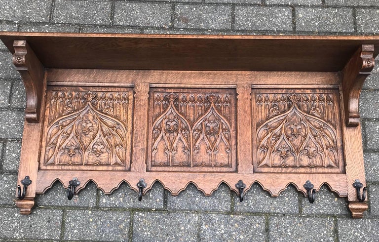 Hand-Carved Gothic Revival Coat Rack with Iron Hooks and Church Window ...