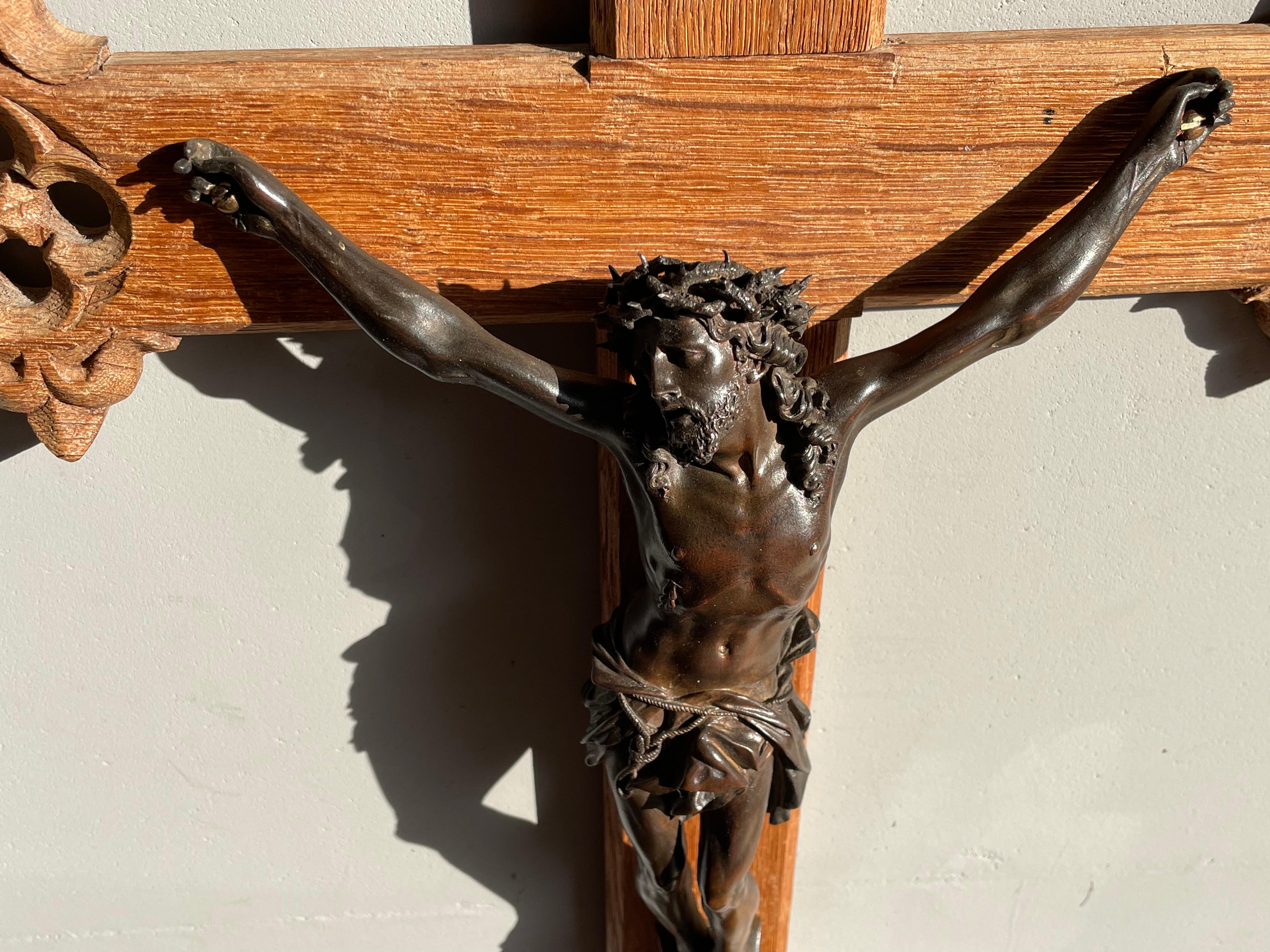 Antique Hand Carved Gothic Revival Oak Wall Crucifix w. Bronze Corpus ...