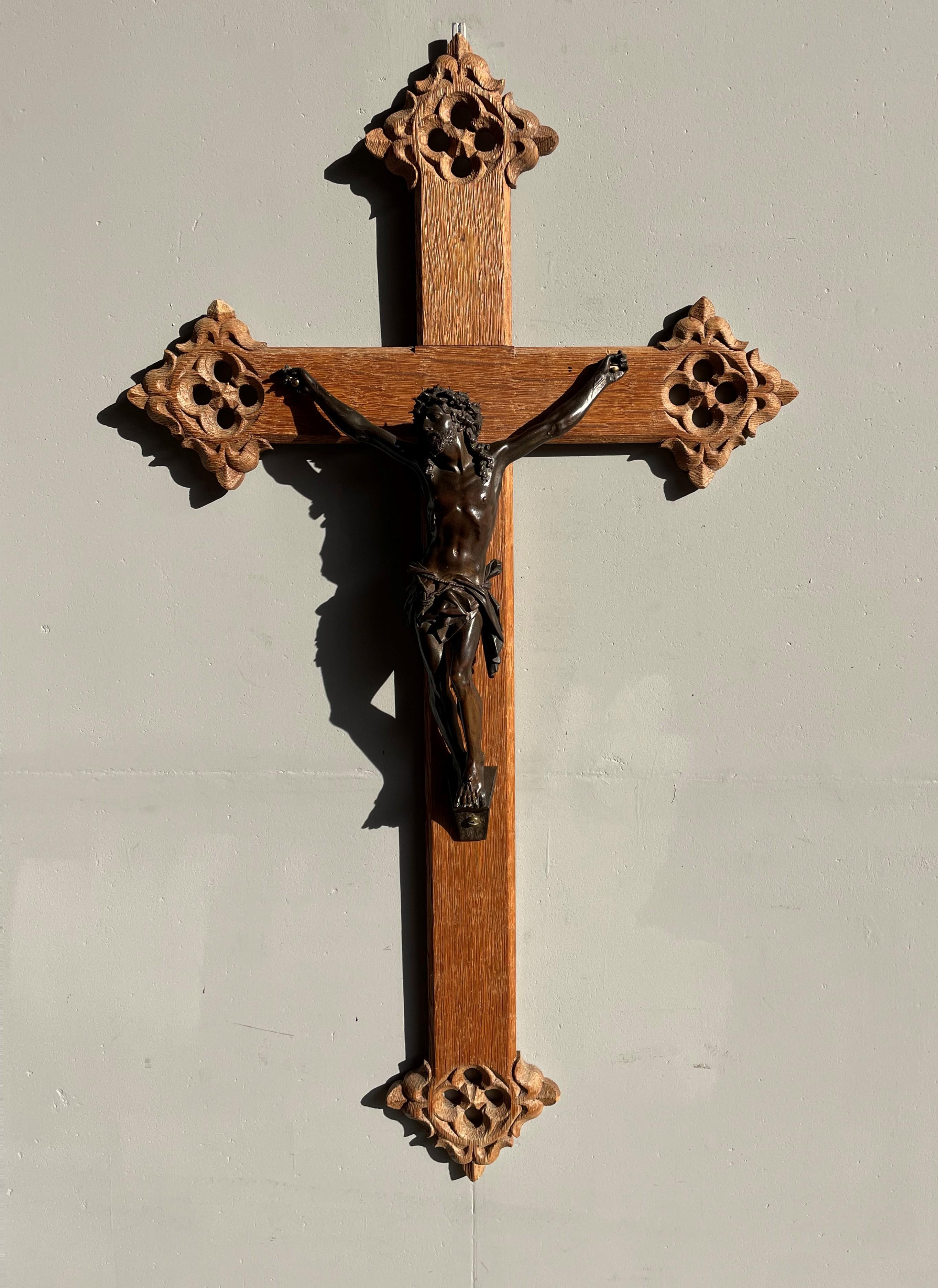 Antique Hand Carved Gothic Revival Oak Wall Crucifix w. Bronze Corpus ...