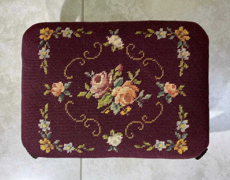 Antique Hand Carved Needlepoint Textile Upholstered Foot Stool For Sale ...