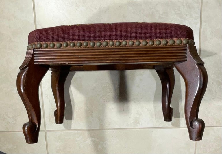 Antique Hand Carved Needlepoint Textile Upholstered Foot Stool For Sale ...