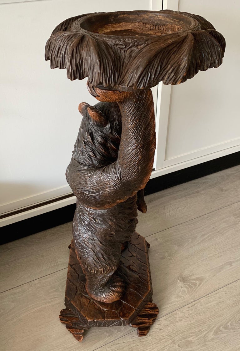 Hand Carved Nutwood Swiss Black Forest Bear Table Stand with Hinging ...