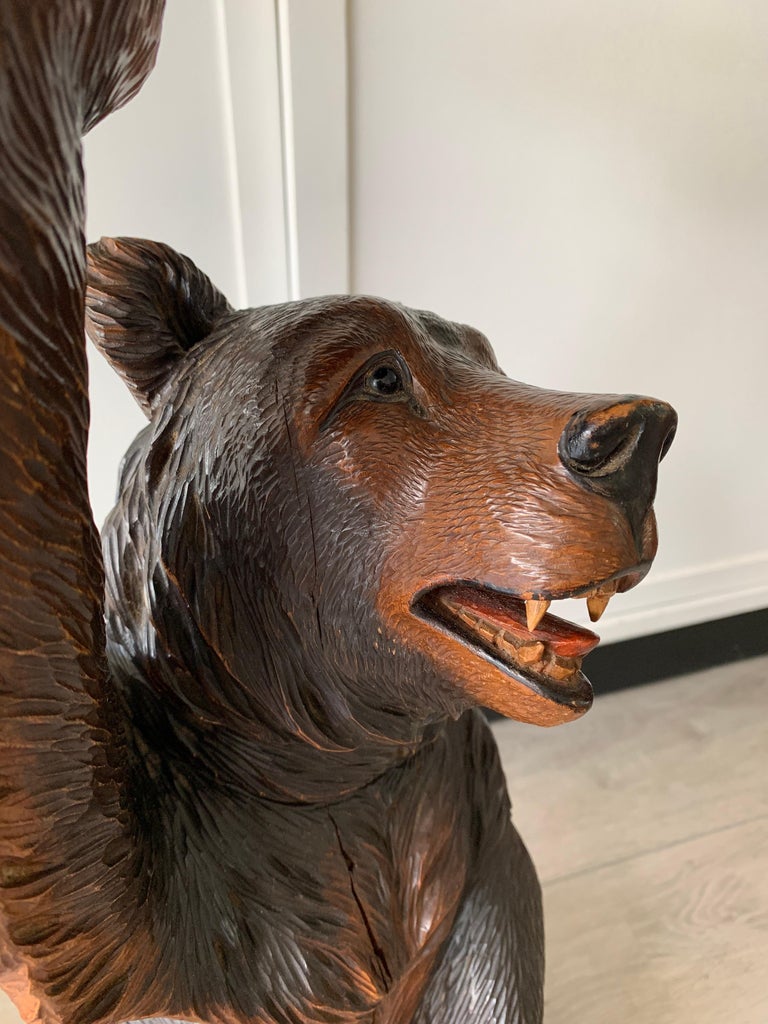 Hand Carved Nutwood Swiss Black Forest Bear Table Stand with Hinging ...