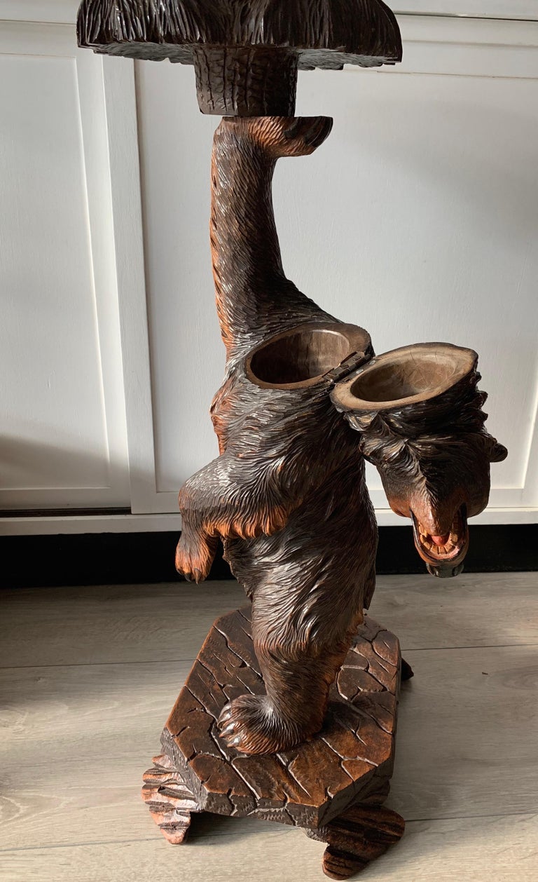 Hand Carved Nutwood Swiss Black Forest Bear Table Stand with Hinging ...