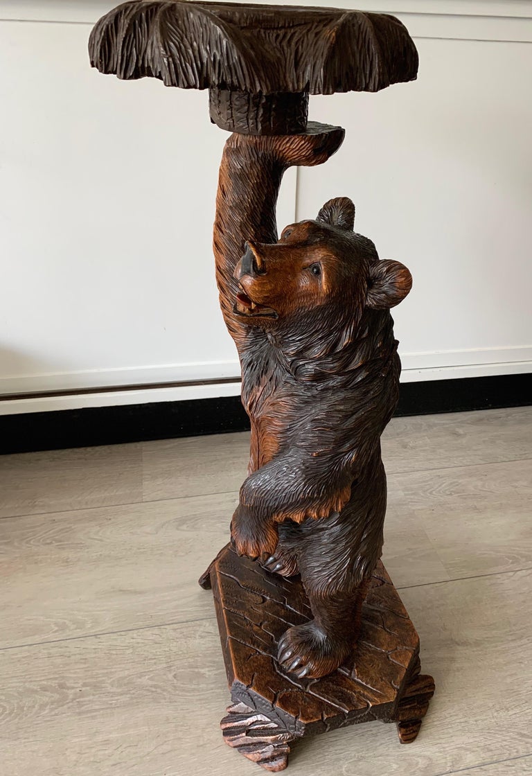 Hand Carved Nutwood Swiss Black Forest Bear Table Stand with Hinging ...