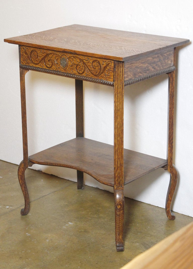 Antique Hand Carved Oak Side Table Single Drawer For Sale at 1stDibs