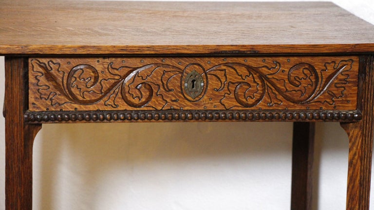 Antique Hand Carved Oak Side Table Single Drawer For Sale at 1stDibs