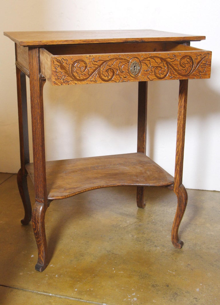 Antique Hand Carved Oak Side Table Single Drawer For Sale at 1stDibs