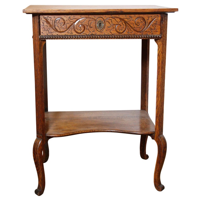 Antique Hand Carved Oak Side Table Single Drawer For Sale at 1stDibs