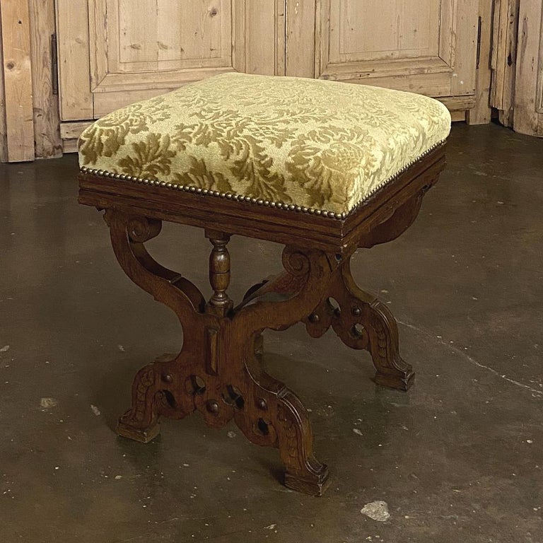 Antique Hand Carved Oak Stool with Mohair For Sale at 1stDibs