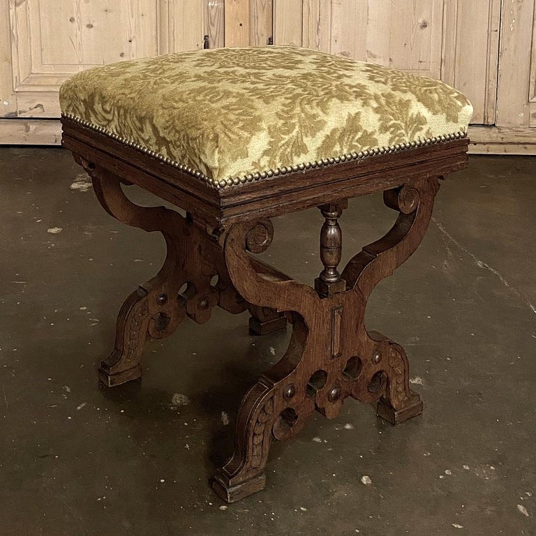 Antique Hand Carved Oak Stool with Mohair For Sale at 1stDibs