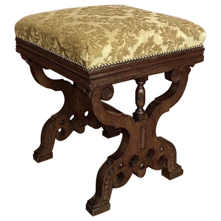 Antique Hand Carved Oak Stool with Mohair For Sale at 1stDibs