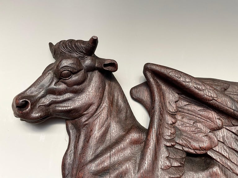Antique Hand Carved Oak Winged Ox Sculpture, Symbol of Saint Luke the Evangelist For Sale at 1stDibs