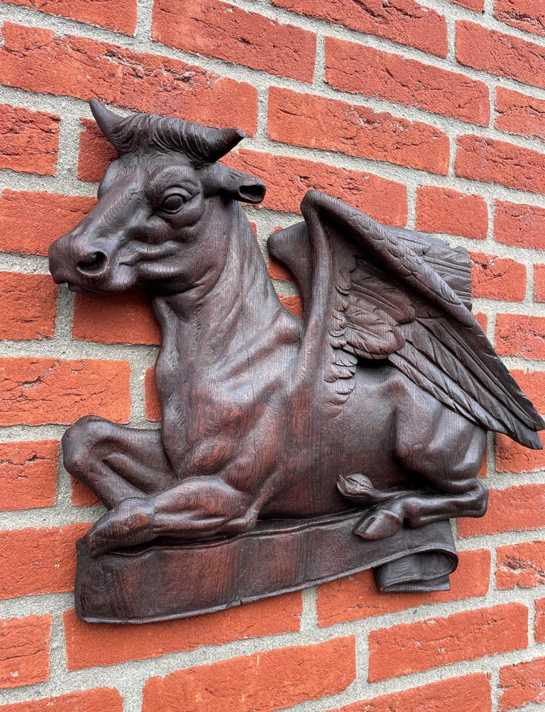 Antique Hand Carved Oak Winged Ox Sculpture, Symbol of Saint Luke the Evangelist For Sale at 1stDibs