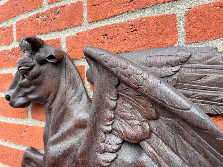 Antique Hand Carved Oak Winged Ox Sculpture, Symbol of Saint Luke the Evangelist For Sale at 1stDibs
