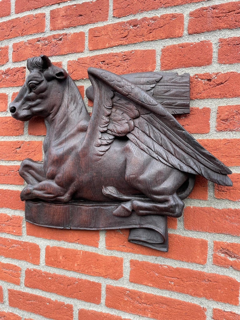 Antique Hand Carved Oak Winged Ox Sculpture, Symbol of Saint Luke the Evangelist For Sale at 1stDibs
