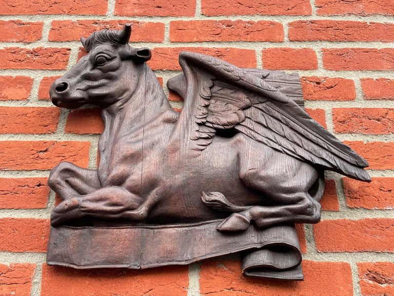 Antique Hand Carved Oak Winged Ox Sculpture, Symbol of Saint Luke the Evangelist For Sale at 1stDibs