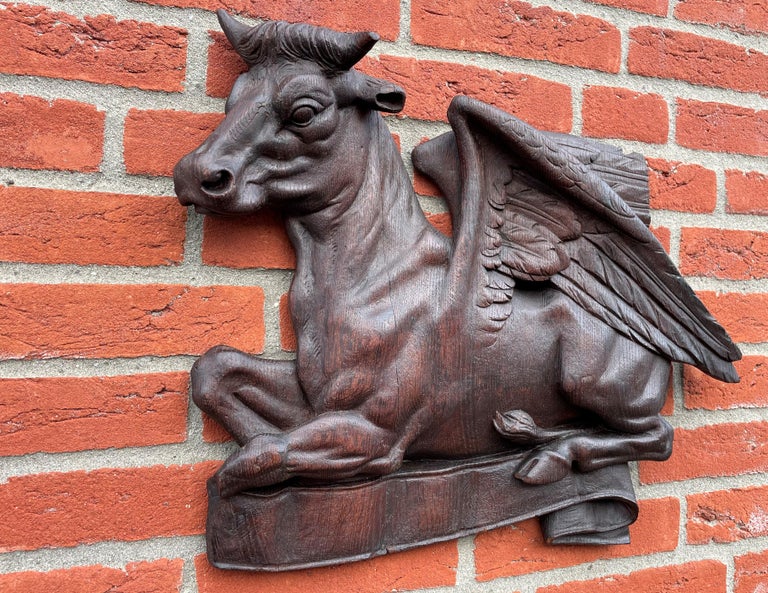 Antique Hand Carved Oak Winged Ox Sculpture, Symbol of Saint Luke the ...