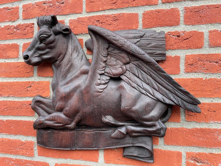 Antique Hand Carved Oak Winged Ox Sculpture, Symbol of Saint Luke the Evangelist For Sale at 1stDibs