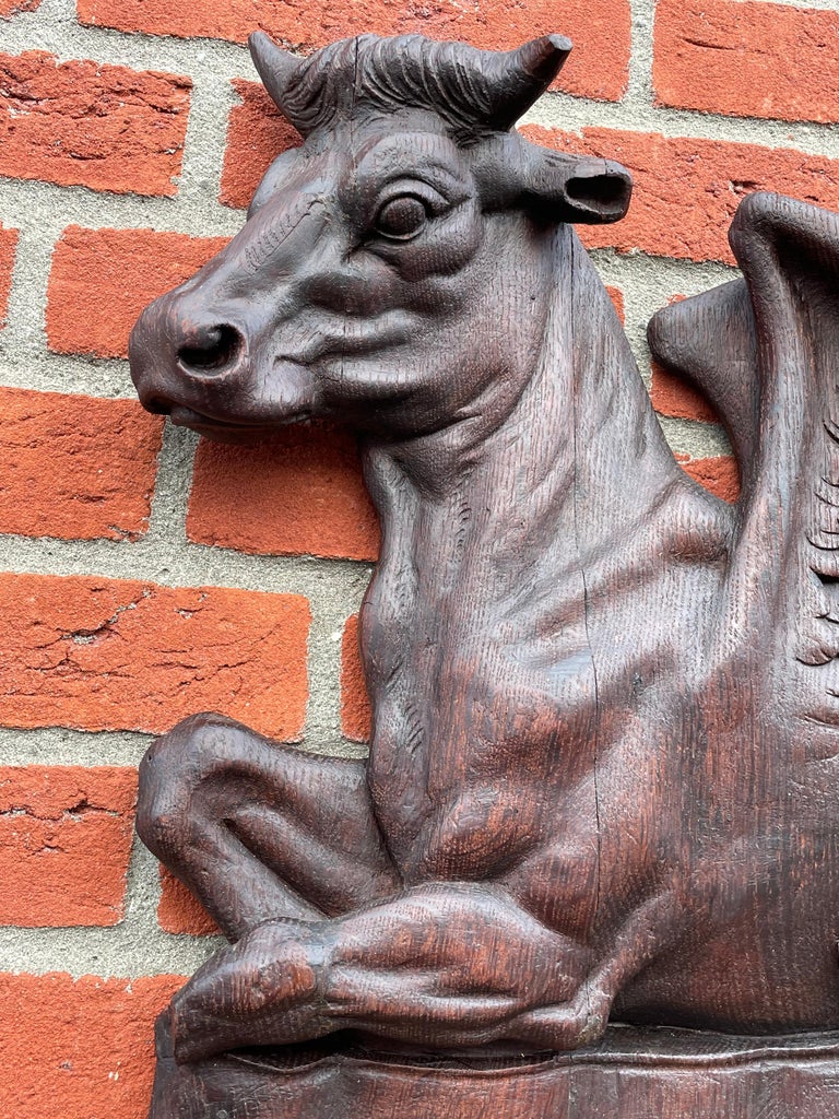 Antique Hand Carved Oak Winged Ox Sculpture, Symbol of Saint Luke the Evangelist For Sale at 1stDibs