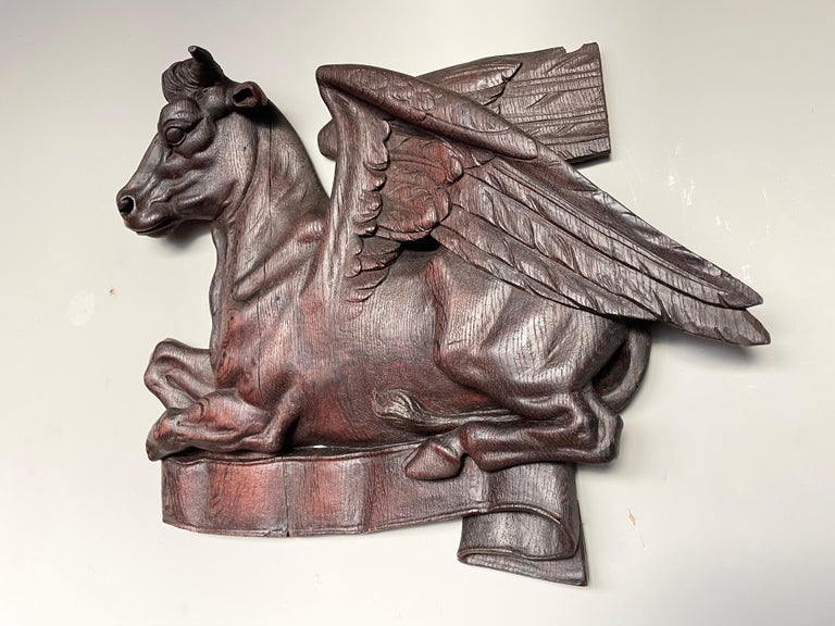 Antique Hand Carved Oak Winged Ox Sculpture, Symbol of Saint Luke the Evangelist For Sale at 1stDibs