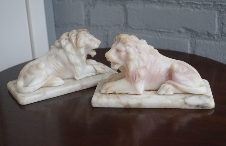Antique Hand Carved Practical Size Pair of Alabaster Lion Sculpture ...