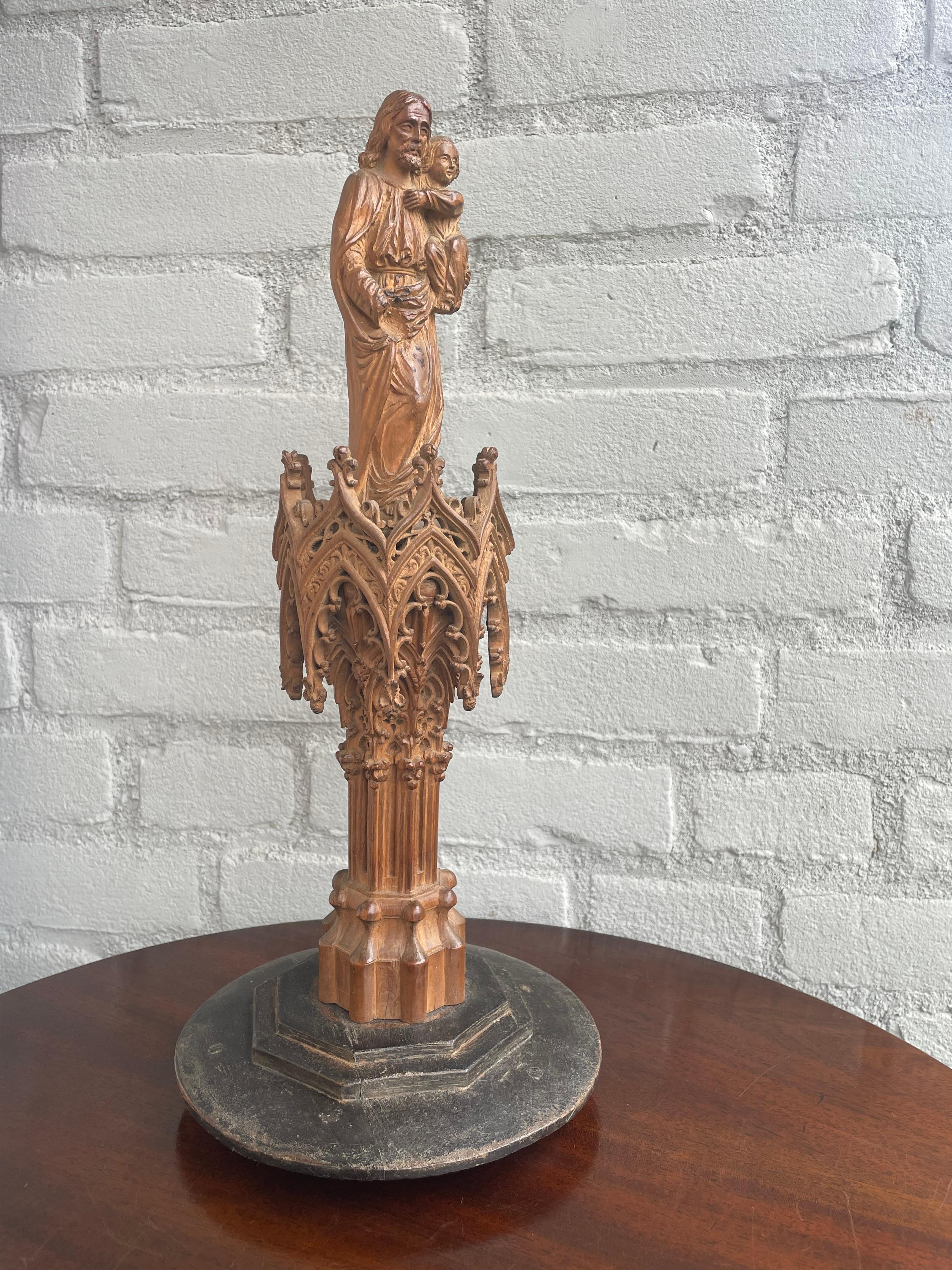 Antique Hand Carved Sculpture of Joseph and Baby Jesus on Gothic Pulpit ...