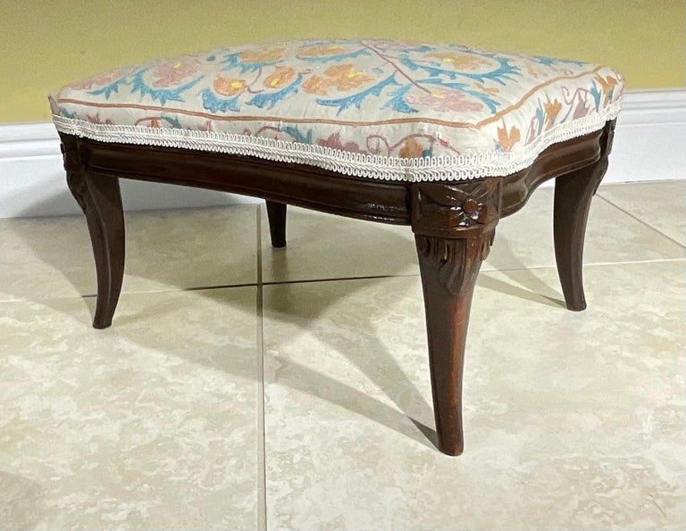 Antique Hand Carved Suzani Embroidery Foot Stool For Sale at 1stDibs